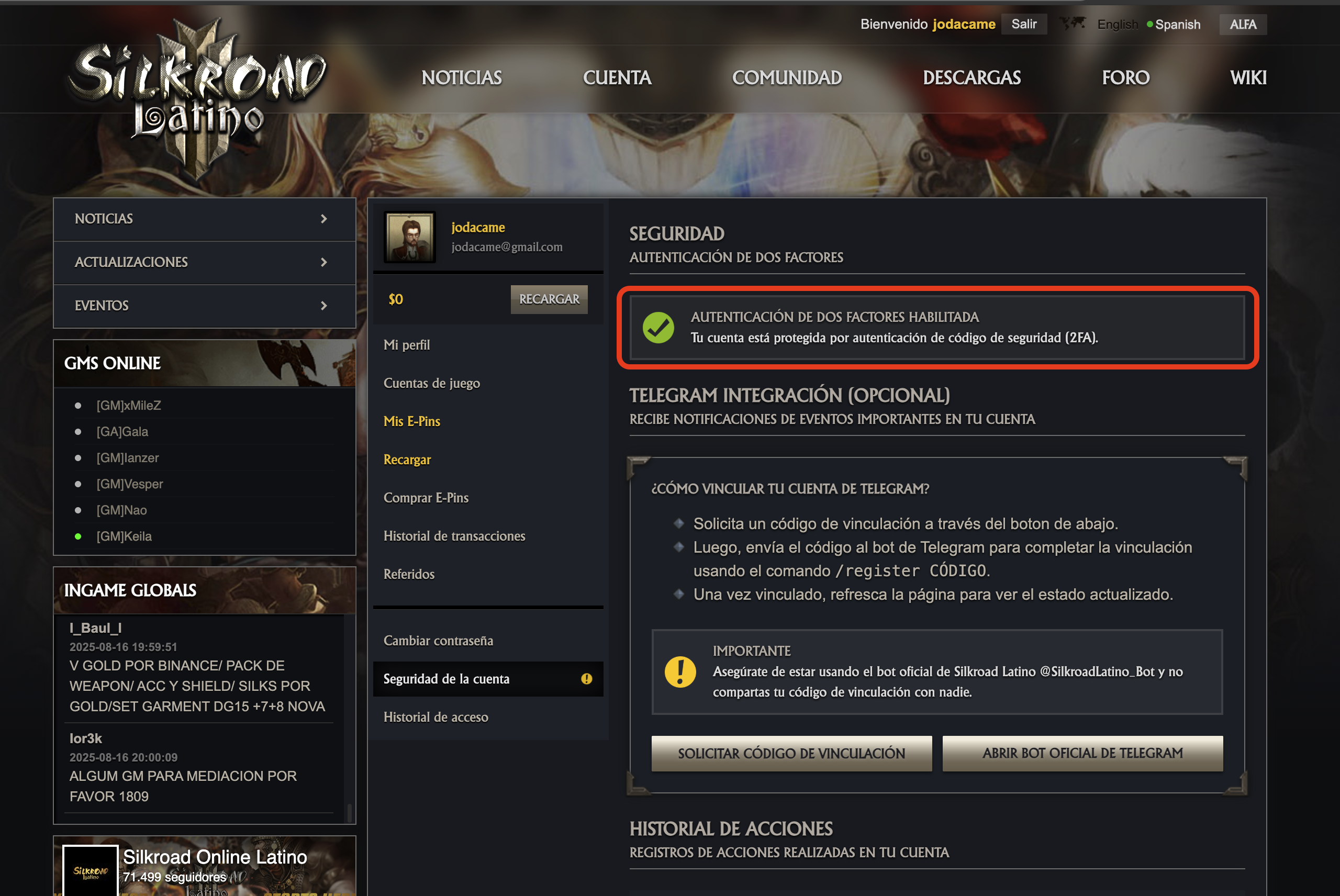 Activación y configuración de sistema de seguridad Two-factor (2FA) – Silkroad Latino Wiki